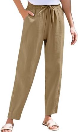 Generic Pantalon long en lin d&eacute;contract&eacute; pour femme avec cordon de serrage - Taille haute - Pantalon de loisirs - Couleur unie - Avec poches - V&ecirc;tement de d&eacute;t