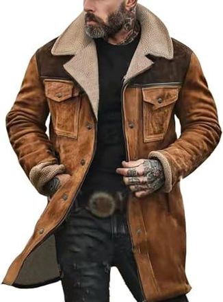 Generic Trench long pour homme avec doublure en polaire Sherpa - Veste en cuir - Veste dhiver chaude et rembourr&eacute;e - Doudoune - Marron - Vestes Trench - Mante