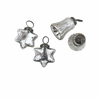 Loberon Anhänger 4er Set Univaux, Glocken & Sterne, Mundgeblasen, Nostalgischer Charme, Christbaumschmuck, Weihnachtsdeko, Weihnachten, Glas, Messing, Silber