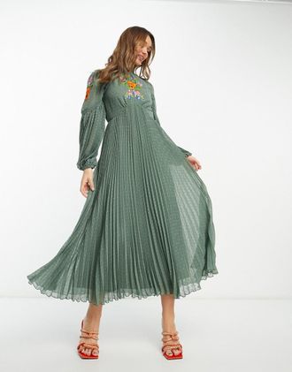 Asos Robe pliss&eacute;e mi-longue avec broderies et empi&egrave;cement dentelle - Kaki-Vert