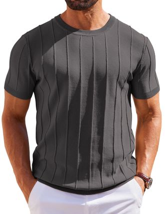 Coofandy Herren T-Shirt Kurzarm Strick Shirt mit Rundhals Shirt Casual Pullover Gestreiftes Strickshirt Sommer Oberteile Dunkelgrau 3XL