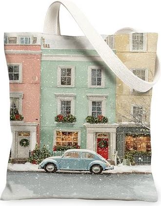 Generic Sacs fourre-tout en toile avec motif de sc&egrave;ne de rue dhiver, sacs d&eacute;picerie r&eacute;utilisables, festifs, l&eacute;gers et lavables, bleu, 13x15 Inch