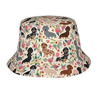 Generic Personnalisé Seau Chapeau Imprimé de teckels et de Chiens saucisses à Fleurs Roses Chapeaux de Visière Imprimé Bobs Homme pour Chasse Sports Golf