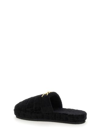 Versace Unisex Slippers With Fabric Logo Plate, Black Flat Shoes