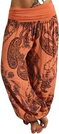 Minetom Femme Harem Pantalon Yoga Sarouel Legers Hippie Baggy Léger Ethnique Calqué Smockée Taille Haute avec Poches Été Plage Pantalon Aladin Jogging B Orang