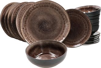 MamboCat Mambocat Reactive Glaze Brown 18-tlg. Teller Set I 6 Personen I Braunes handgefertigtes Geschirr-Set mit Kupfer-Optik I Je 6x Speiseteller, Bowl-Schal