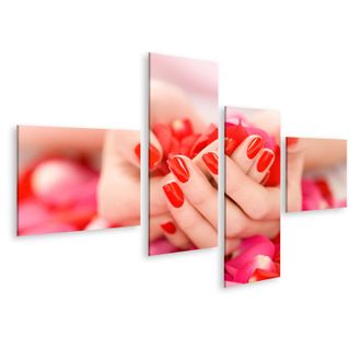 Islandburner Bild auf Leinwand Weibliche H&auml;nde mit roten N&auml;geln, die rote und rosa Rosenbl&auml;tter halten. Wandbild Leinwandbild Kunstdruck Poster 150x80cm - 4 Teile