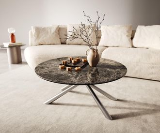 DELIFE Couchtisch Edge Rund 90x90 cm Keramik Emperador Extra Lucidato Dunkelbraun Sarity Edelstahl geb&uuml;rstet, Couchtische