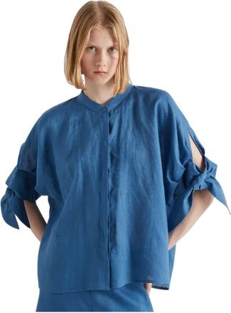 Meimeij Femme, Blouses et Chemises, Bleu, Taille: 44 FR Chemise &agrave; Manches Courtes et D&eacute;tails de Noeuds