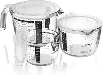 Arendo Messbecher Set aus Glas mit Deckel - Gr&ouml;&szlig;en 250ml, 500ml, 1000ml (0,25l 0,5l 1l) - Messkrug Glas Krug - Borosilikatglas - pr&auml;zise Skala - hitzebest&auml;nd