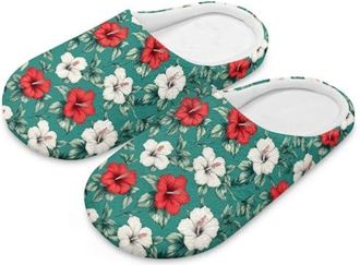 Coloranimal Pantoufles dint&eacute;rieur pelucheuses &agrave; bout ferm&eacute; pour femme - L&eacute;g&egrave;res et confortables, Hibiscus rouge et blanc, 38.5/39.5 EU
