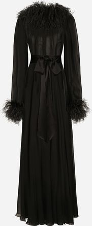 Dolce & Gabbana Langes Kleid Aus Seidenchiffon Mit Details Aus Strau&szlig;enfedern - Frau Kleider Schwarz Seide 40