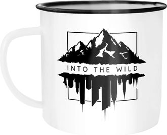 Autiga Emaille Tasse Becher Into The Wild Berge Skyline Kaffee-Tasse wei&szlig;-schwarz 300 ml Metall mit Griff