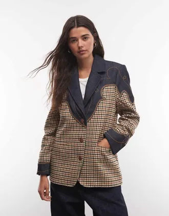 Wrangler blazer &agrave; motif pied-de-poule en bleu denim
