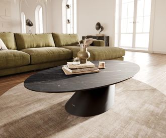 DELIFE Couchtisch Edge Oval 140x80 cm Keramik Laminam Noir Desir Braun Conis Metall Schwarz, Couchtische