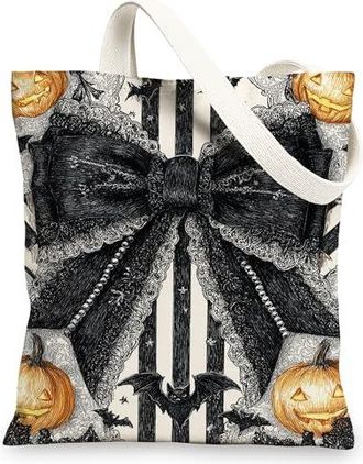 Generic Sacs fourre-tout en toile dHalloween, sacs à provisions réutilisables, motif citrouille décoratif, léger, motif noeud gothique, noir, 13x15 Inch
