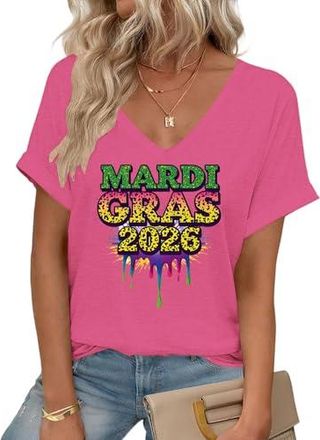 Generic T-shirt Mardi Gras pour femme, col en V - T-shirt d&eacute;contract&eacute; &agrave; manches courtes pour carnaval, v&ecirc;tements d&eacute;t&eacute; - pour les loisirs et les voyages, rose 
