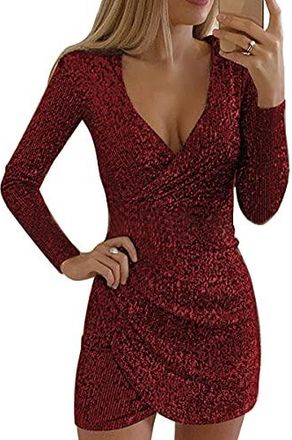 ORANDESIGNE Robe Femme Club Libertin Sexy Manche Longue Col en V Sexy Moulant Casual Paillette Brillante Disco Robe Mini Chic Clubwear Cocktail Moulante A Rouge X