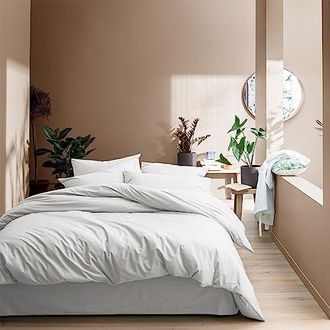 Matt & Rose Parure de lit 240x260 cm Unie Coton LAV&Eacute; | 100% Coton Lav&eacute; | Oeko-TEX | Housse de Couette 240x260 cm + 2 Taies doreiller 65x65 cm | Blanc