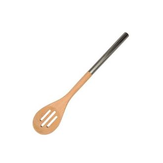 Fackelmann 30372 Cuill&egrave;re ajour&eacute;e en Bois de h&ecirc;tre et Manche en INOX, Cuill&egrave;re &agrave; Servir ajour&eacute;e, Cuill&egrave;re de Cuisine, Bois, Acier Inoxydable, 34 x 6 cm