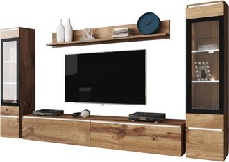 Mirjan24 Wohnwand Doppo II, Schrankwand, griffloses &Ouml;ffnen, Anbauwand, Fernsehschrank, Mediawand, Wandregal, TV-Lowboard, 2X H&auml;ngevitrine (Wotan/Wotan, mit wei