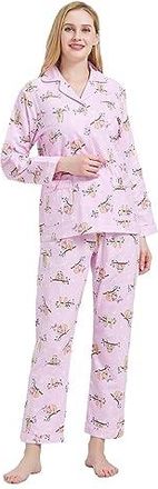 Global Femme Pyjama Flanelle Manches Long |Ensembles de Pyjama Coton |Chemises de Nuit Bouton | Chaleureux Vêtements de Nuit Confortable Rose, Paresseux XXL