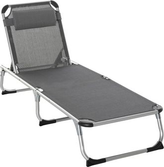 OUTSUNNY Bain de soleil transat pliable grand confort dossier r&eacute;glable multi-position t&eacute;ti&egrave;re alu. textil&egrave;ne gris