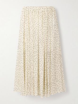Magda Butrym Jupe Midi En Mousseline De Soie Mélangée À Pois Et À Plis - Crème