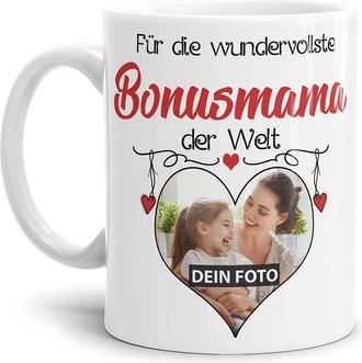 Tassendruck Tasse mit Spruch - Wundervollste Bonusmama der Welt - personalisiert mit Wunschfoto - Geschenkidee f&uuml;r die Bonusmama - Wei&szlig;, 300 ml