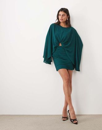 Asos Premium Mini-Kleid mit Fledermaus&auml;rmeln und gerafftem Rock in Petrol-Marineblau