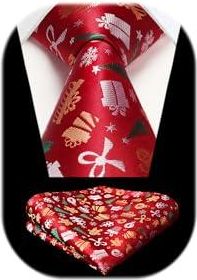 Hisdern Cravate Rouge Noel Homme Soie Ensemble Cravate et Mouchoir Cadeaux de Noël