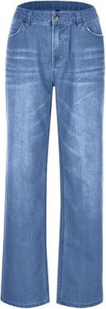 Generic Jean à jambe droite pour femme - Taille basse - Coupe ample - Fermeture éclair - Fermeture à bouton - Pantalon droit décontracté - Couleur unie - Gran