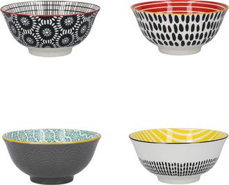 KitchenCraft Patterned Cereal Bowl Set in Gift Box, 4 Ceramic Bowls Ideal for Ice Cream, Soup and More, Monochrome Designs, 15cm