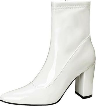 Generic Bottines Chelsea tendance à bout pointu et talon épais avec fermeture éclair latérale et doublure en fourrure pour femme, blanc, 39.5 EU