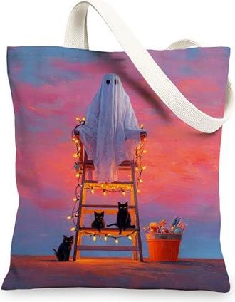 Generic Sacs fourre-tout fantaisistes en toile, motif fantôme, sacs dépicerie réutilisables, légers et lavables avec bandoulière pour voyage en plein air, 33 