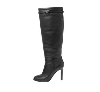 Chanel Black Leather CC Heeled Knee High Boots Size 36.5