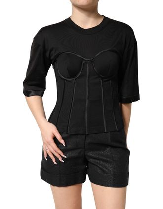 Dolce & Gabbana Womens Black Cotton Bustier Corset Short Sleeves T-Shirt Co+se