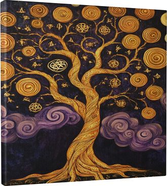 Generic Leinwand-Wandbild, Baum des Lebens, mit goldenen Spiralen Elementen, ätherisches Herbstdekor für Wohnzimmer, Schlafzimmer, Büro, Natur-inspirierte Kun