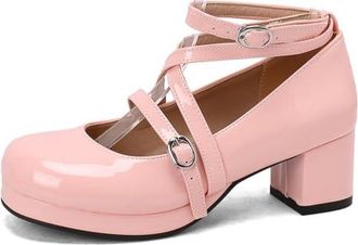 Generic Femmes Bas Chunky Block Mary Janes Rond À Bout Fermé Talons Croisés Cheville Sangle Talons avec Boucle Bureau Robe Chaussures De Travail,Rose,42.5 EU