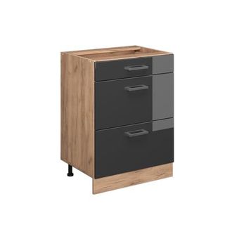 Vicco Meuble Cuisine R-Line, Anthracite Haute Brillance/Ch&ecirc;ne de Force dor&eacute;, 60 cm avec tiroirs, sans Plan de Travail