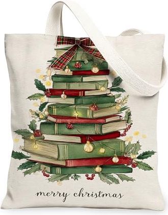 Generic Sacs fourre-tout en toile avec motif darbre de No&euml;l, sacs d&eacute;picerie r&eacute;utilisables, vintage l&eacute;gers et lavables avec bandouli&egrave;re C, cr&egrave;me, 13x15 Inch