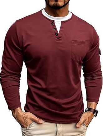 Generic T-shirt tendance pour homme avec col en V et manches longues, rouge vin, 3XL