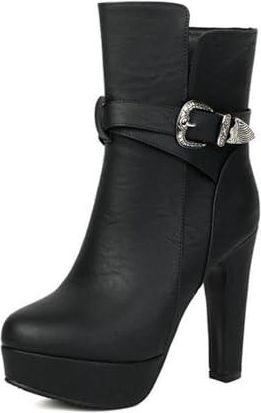 Generic Bottines tendance pour femme avec sangle &agrave; boucle, bout rond, talons &eacute;pais, fermeture &eacute;clair lat&eacute;rale, chaussures dhiver d&eacute;contract&eacute;es polyvalentes, N