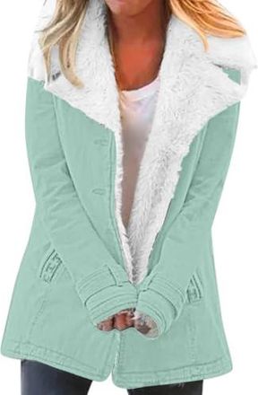 Generic Veste chaude doublée en peluche pour femme, grande taille, manteau dhiver coupe-vent en fausse fourrure, boutons, vert clair, 5XL