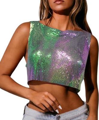 Generic D&eacute;bardeur brillant pour femme 2025 &agrave; paillettes sans manches mignon chemisier de f&ecirc;te strass Y2K scintillant d&eacute;bardeur d&eacute;t&eacute; d&eacute;contract&eacute; court col bate