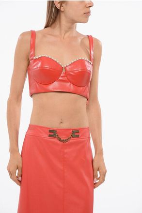 Elisabetta Franchi Vegan Leather Cropped Top with Pearls size 42