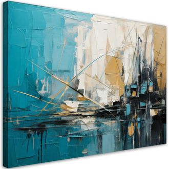 Feeby Leinwand Bilder - Bild Wohnzimmer - Abstraktion Komposition t&uuml;rkisbeige - 120x80 1tlg - Deko Schlafzimmer Gro&szlig; - Dekoration Canvas - Gem&auml;lde - Modern 