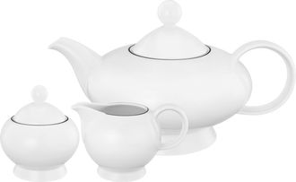SELTMANN WEIDEN Lido Black Line Tee-Set 3-teilig | Teekanne (1,25 l), Milchk&auml;nnchen (230 ml) und Zuckerdose (250 ml) mit schwarzem Rand | Porzellan | Wei&szlig;