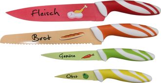 axentia 175478 Messerset 4-teilig, buntes K&uuml;chenmesser-Set mit Motiven, Fleischmesser, Brotmesser, Gem&uuml;semesser, Obstmesser, Edelstahl-klingen und Softgriff, 