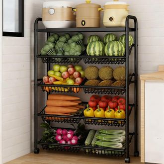 Generic 5-St&ouml;ckiges K&uuml;chenregal mit Herausnehmbarem Gitterkorb, Kommerzielle Lebensmittelregale aus Metall mit Universalrollen for Wohnzimmer, Schlafzimmer, B